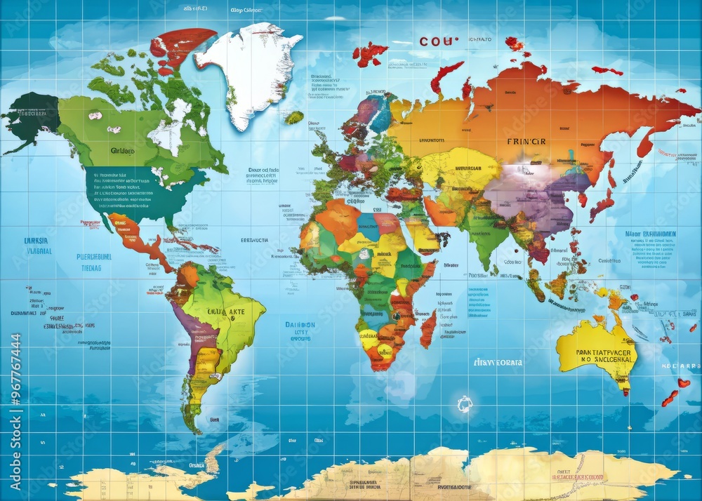 A vibrant, highly detailed world map illustration with labeled countries, borders, and oceans ...