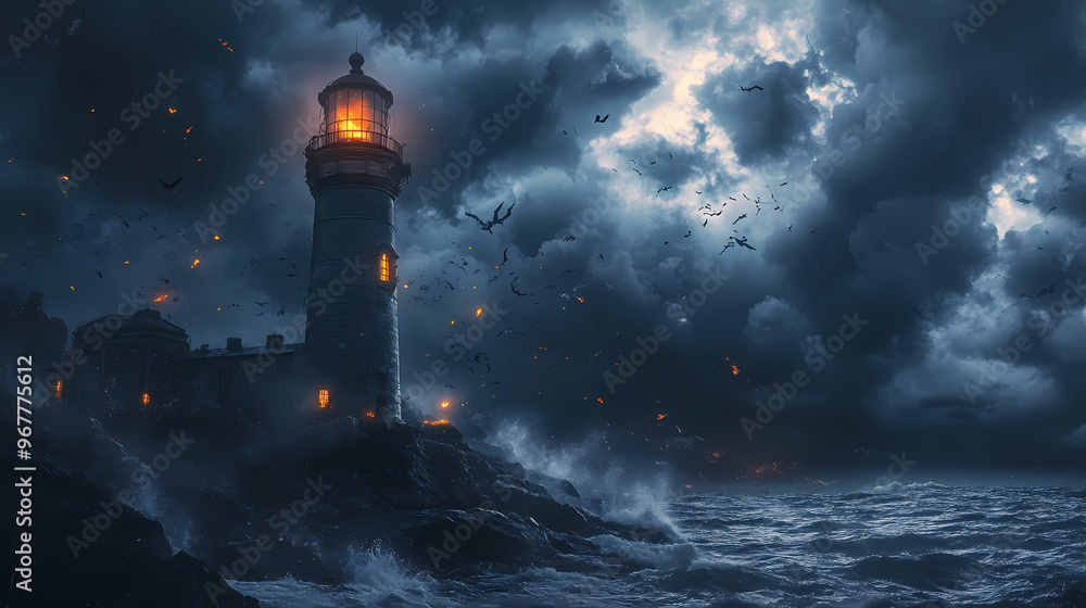 Haunted lighthouse at halloween in stormy seas digital concept ...