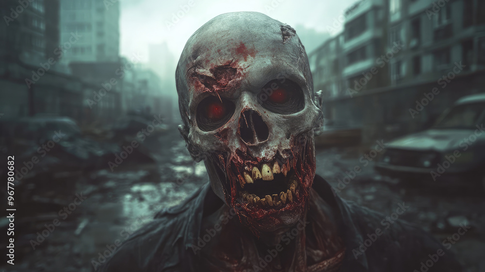 Gory zombie face with half of the skull exposed, teeth broken and blood ...