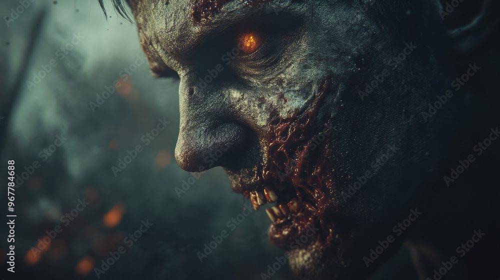 Zombie face with its nose and ears missing, teeth exposed through the ...