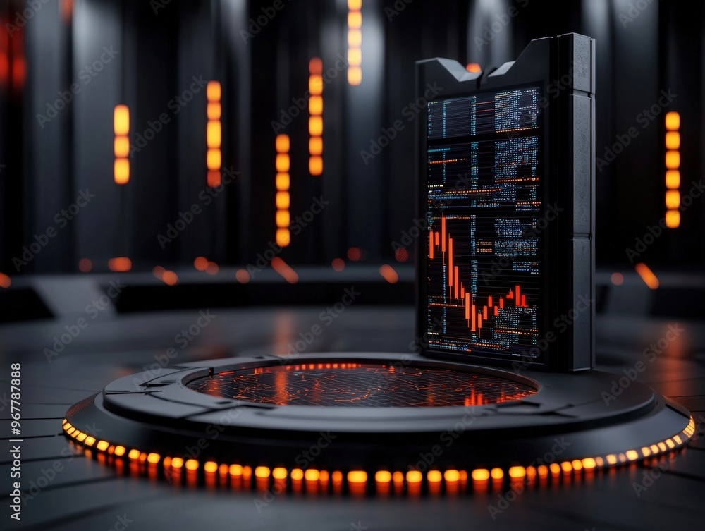 Futuristic trading interface on a sleek display, featuring market data ...
