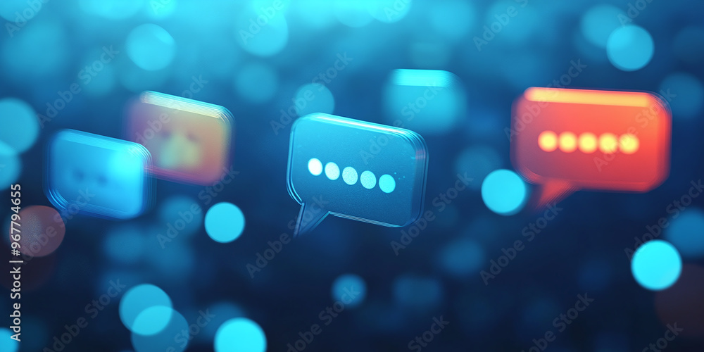 Creative GPT chat hologram with speech bubbles on blurred blue ...