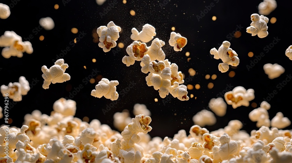 Popcorn falling from above, light and fluffy, mid-air capture, movie ...
