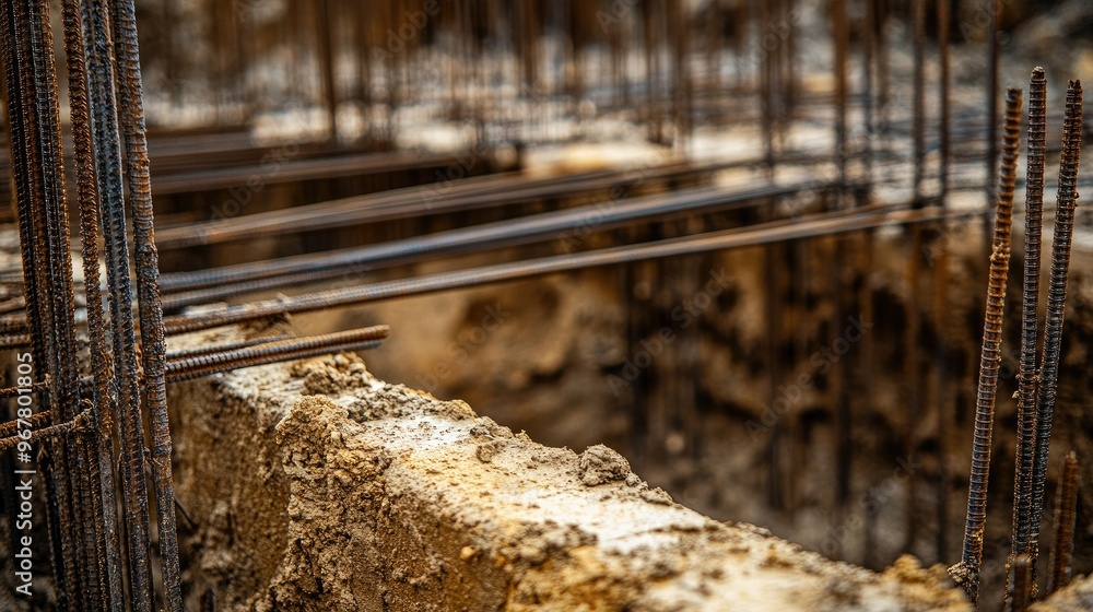 Rebar and formwork in a foundation pit, captured in a detailed shot ...