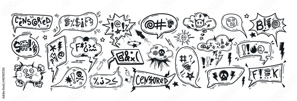 Hand drawn doodle sketch speech bubbles with insults, curses, swear ...
