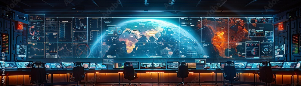 Illustrate a high tech Coast Guard command center, monitoring global ...