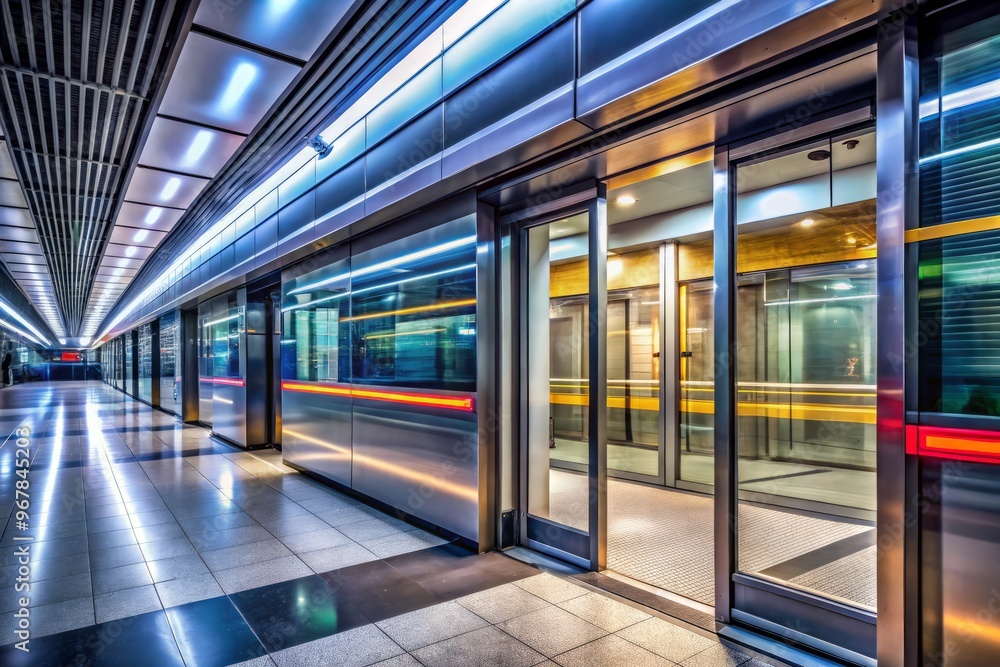 Modern automatic sliding glass door closes at a busy subway tunnel ...