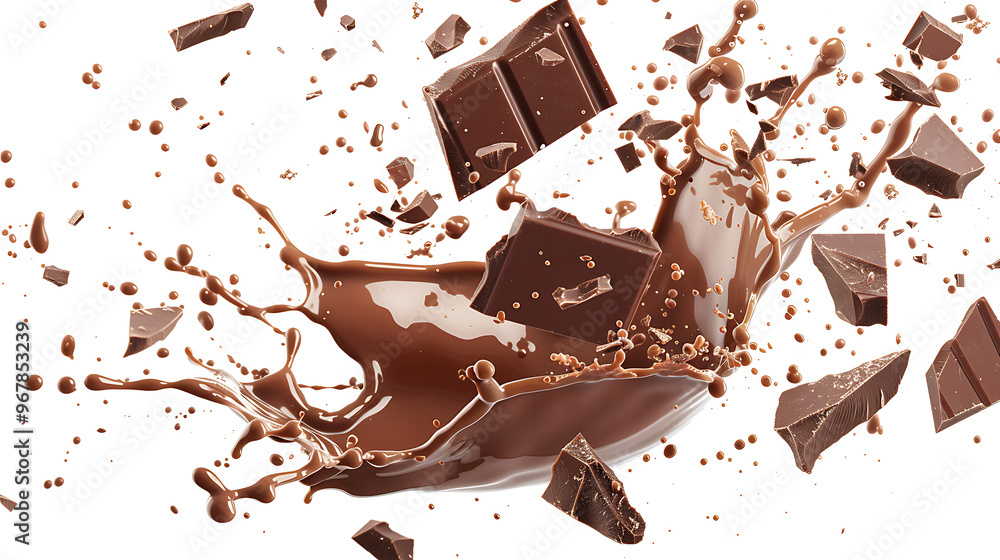 Chocolate milk splash with droplets flying in all directions, and ...