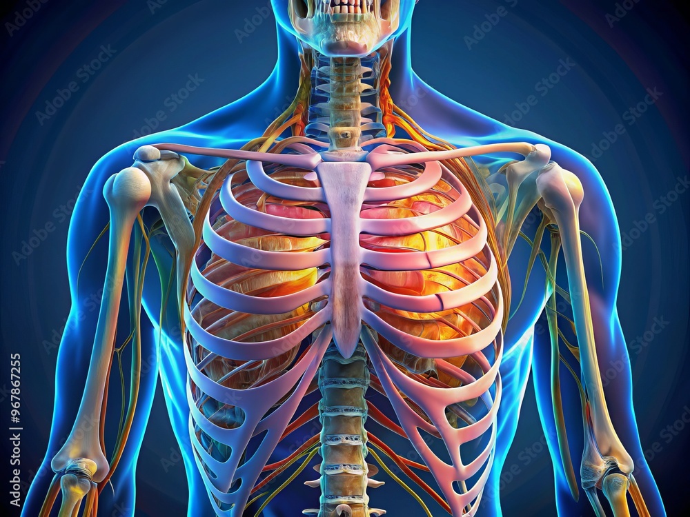 Labeled ribs and thorax illustration with layered digital art style ...