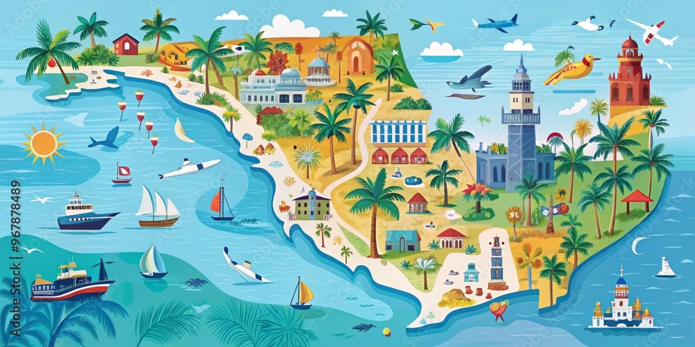 Vibrant illustrated map of Florida featuring iconic symbols, palm trees ...