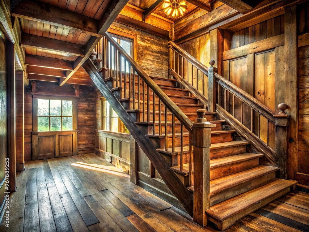 Weathered wooden stairs with worn treads and rustic railings ascend to ...