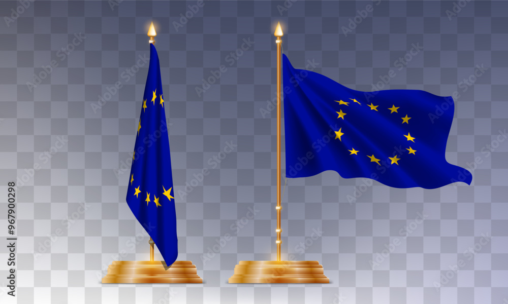 Flag of European Union on flag stands, 3d realistic render on a ...