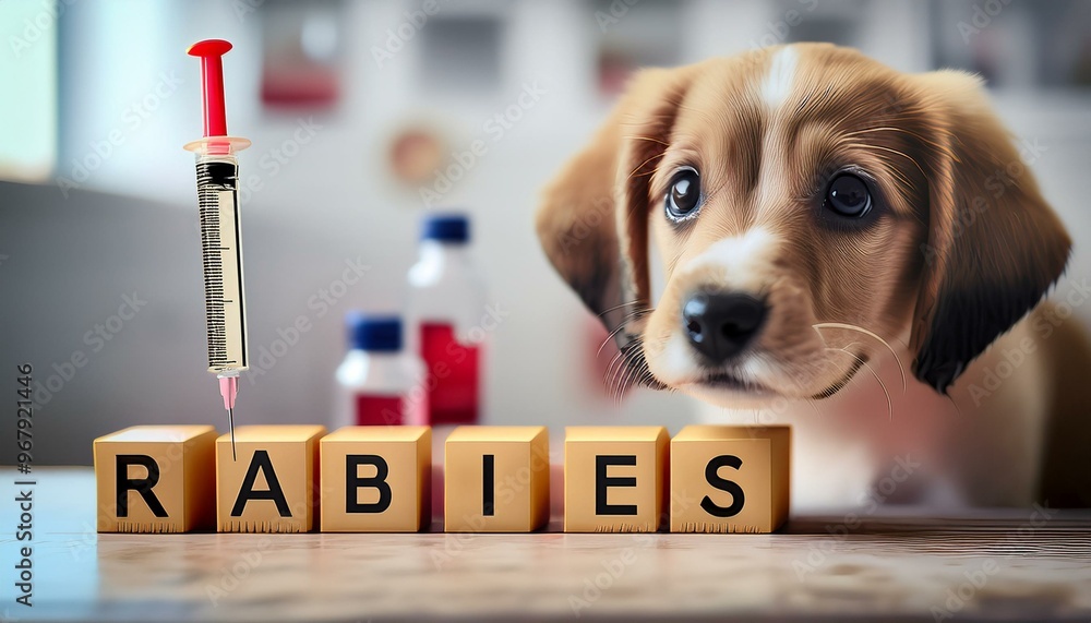 Cute puppy with rabies vaccine syringe and blocks spelling 'RABIES ...