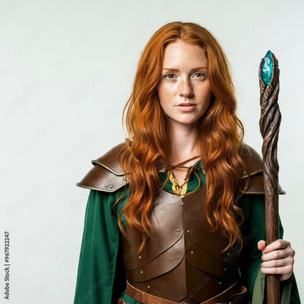 A beautiful red haired female woman, wearing green medieval fantasy ...