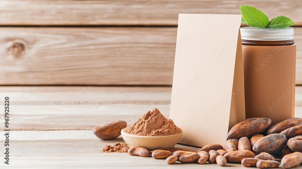 Blank cocoa packaging with light cocoa elements, powder and beans ...