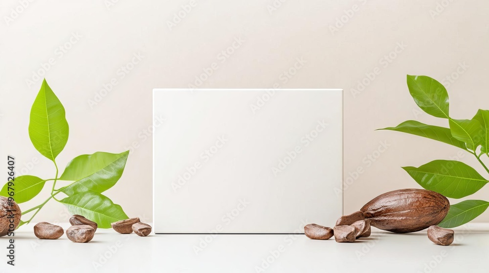 Plain cocoa box mockup with cocoa pods and leaves, clean packaging ...