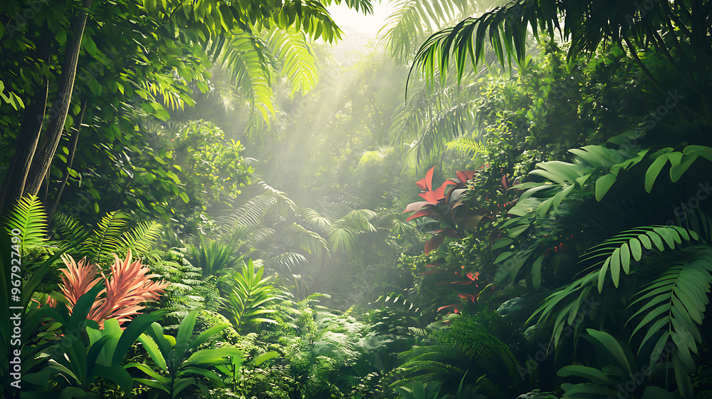 A section of the Amazon rainforest showing various types of plants ...