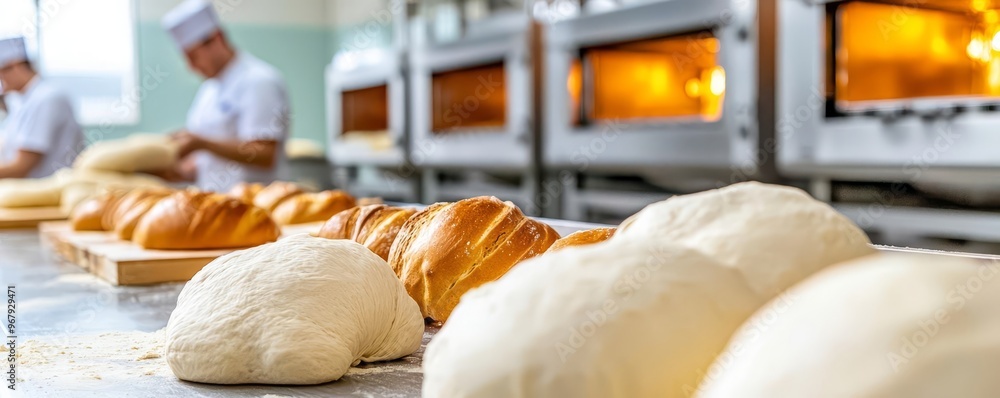 Bakery production line in a commercial setting, large ovens, bakers in ...