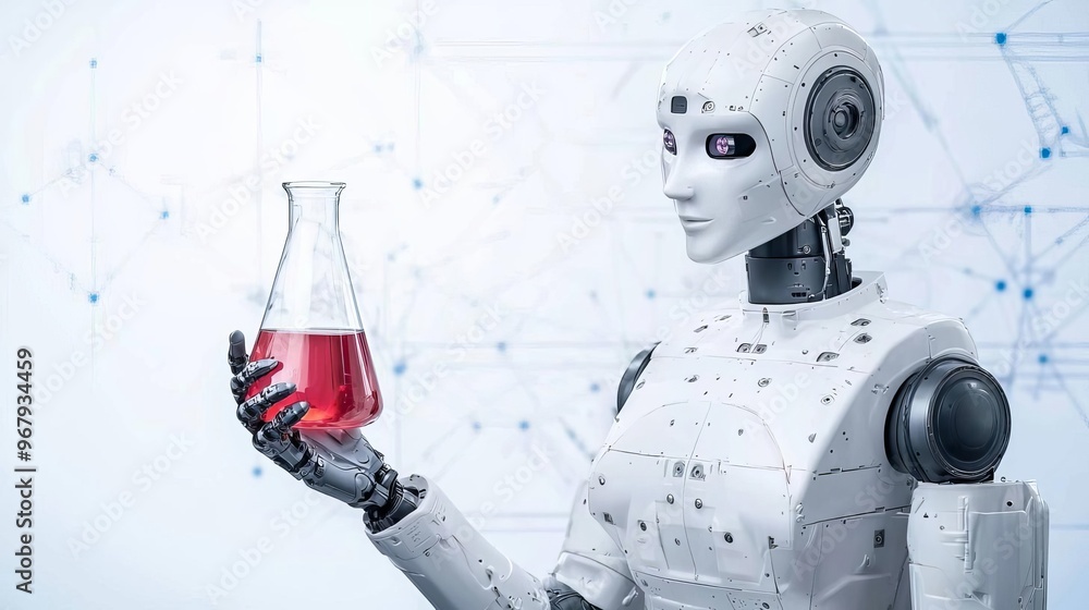 Laboratory robot handling chemicals, advanced automation, futuristic ...