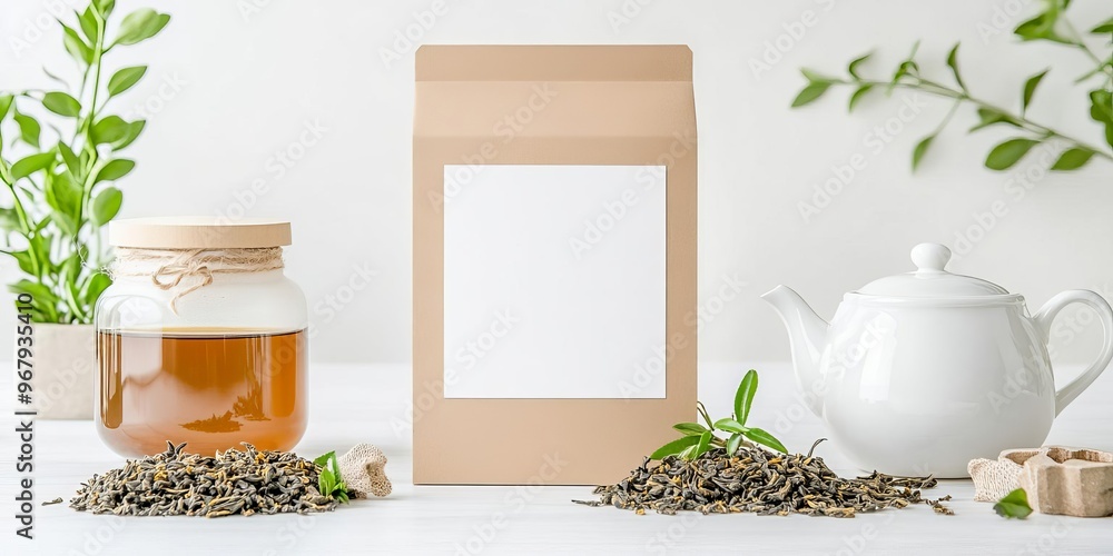 Kraft paper tea packaging mockup with blank labels, displayed on a ...