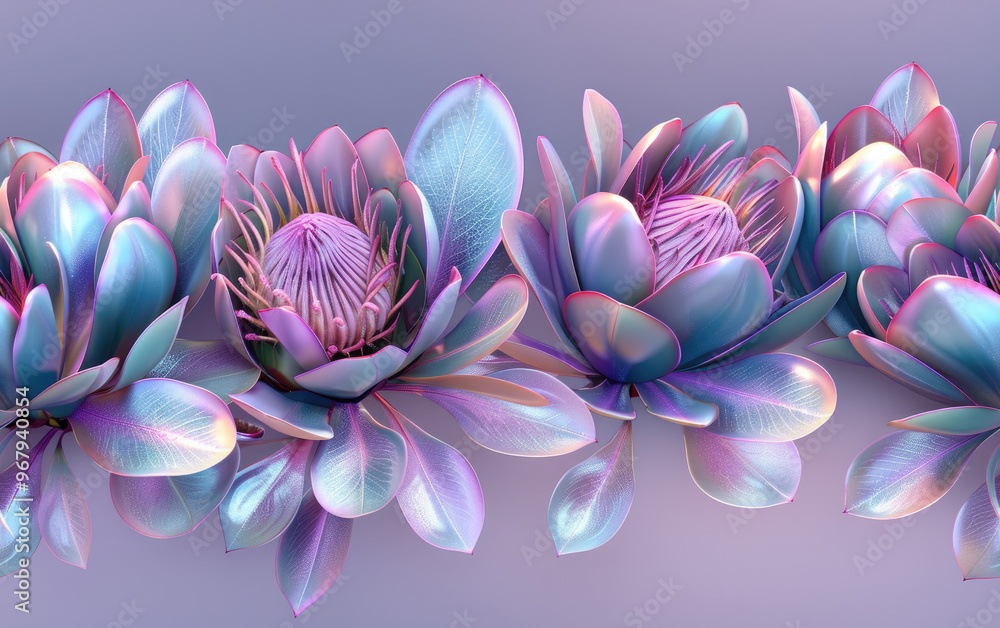 Seamless iridescent protea flower border pattern, realistic style Stock ...