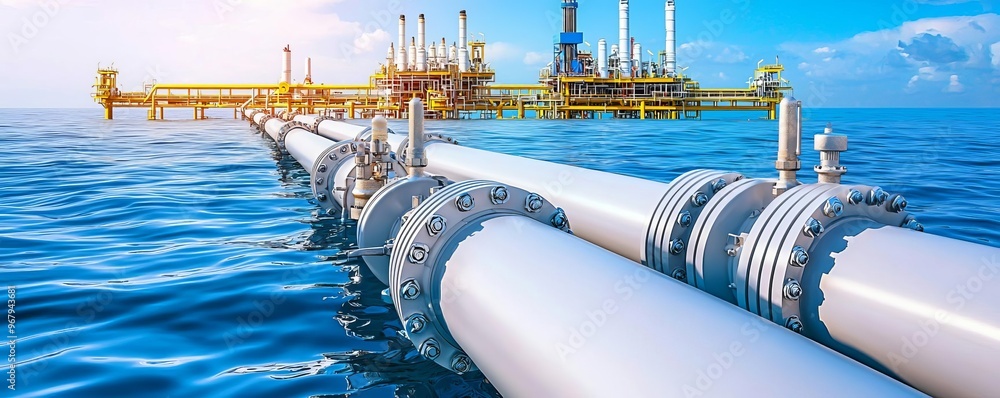 Deep underwater view of subsea oil and gas infrastructure, pipelines ...