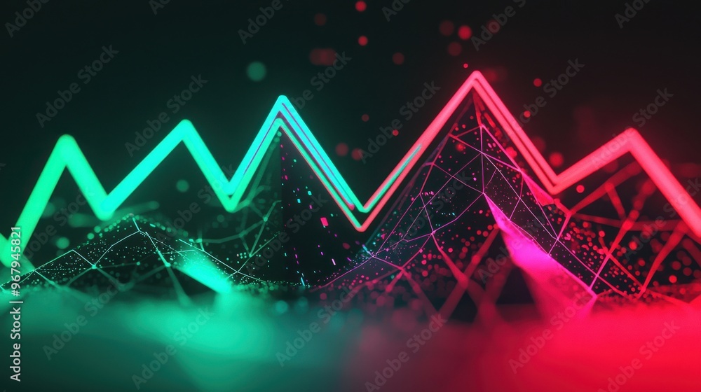A glowing graph with two diverging lines, one in green and the other in ...