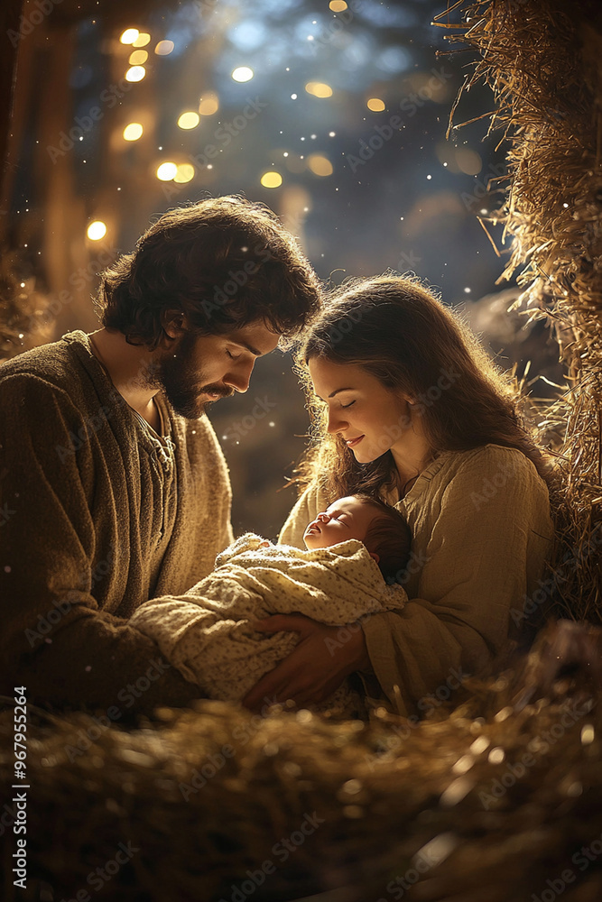 Nativity of Christ. Mary, Joseph and baby Jesus, surrounded by animals ...