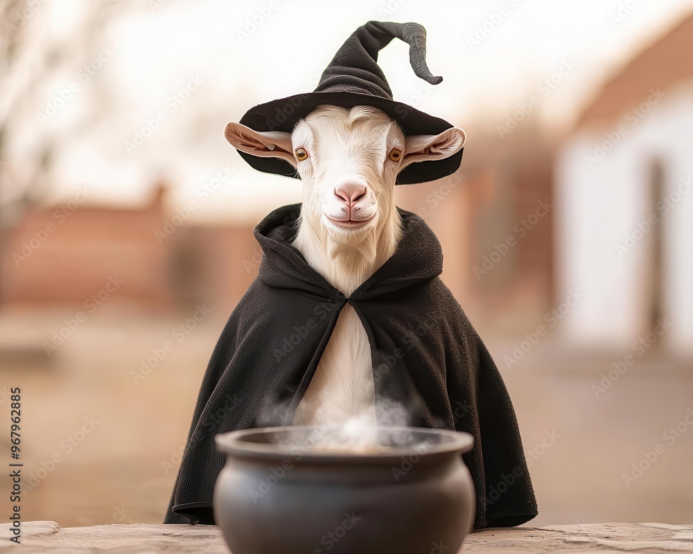 Goat in a witch s cape standing by a bubbling cauldron, Goat in witch ...