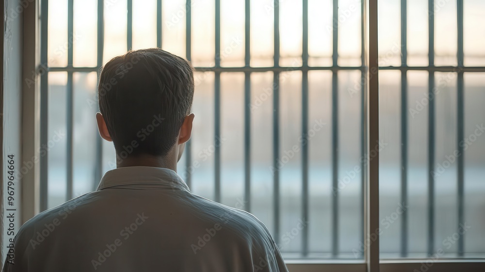 Inmate gazing at the world outside through narrow prison bars, Prison window view, longing for ...