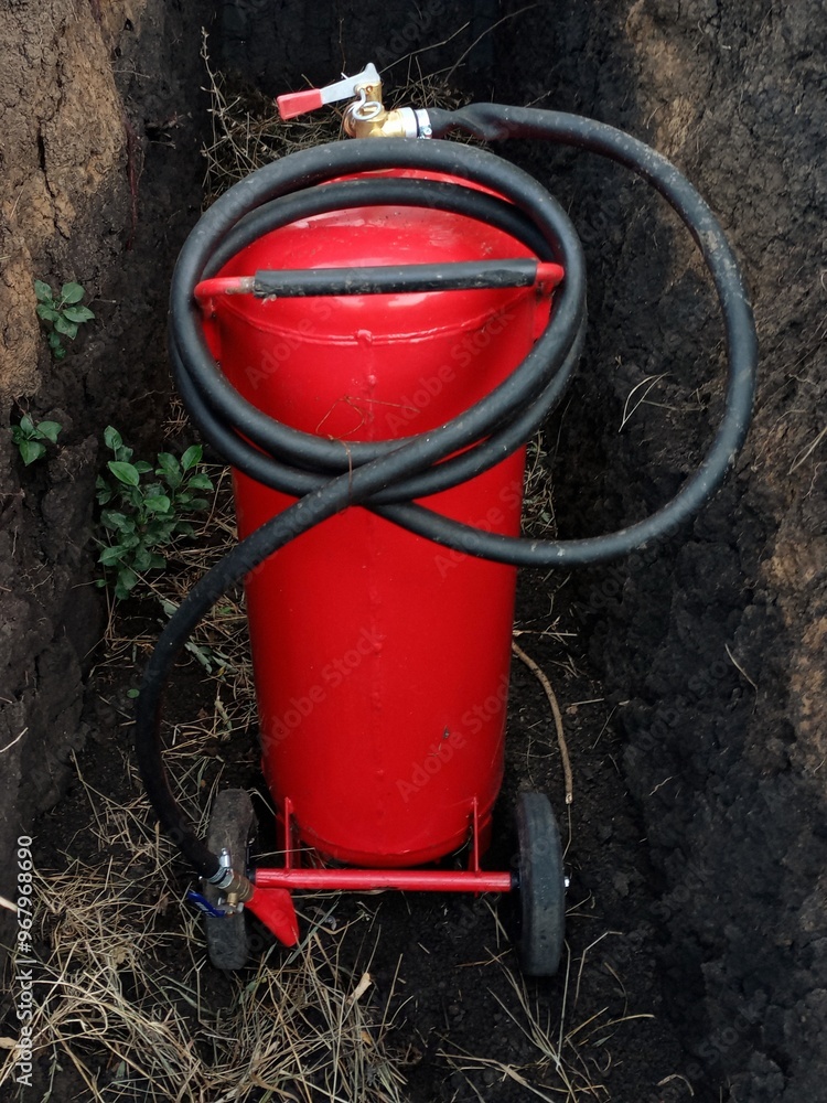 Large red powder fire extinguisher in red color for extinguishing fires ...