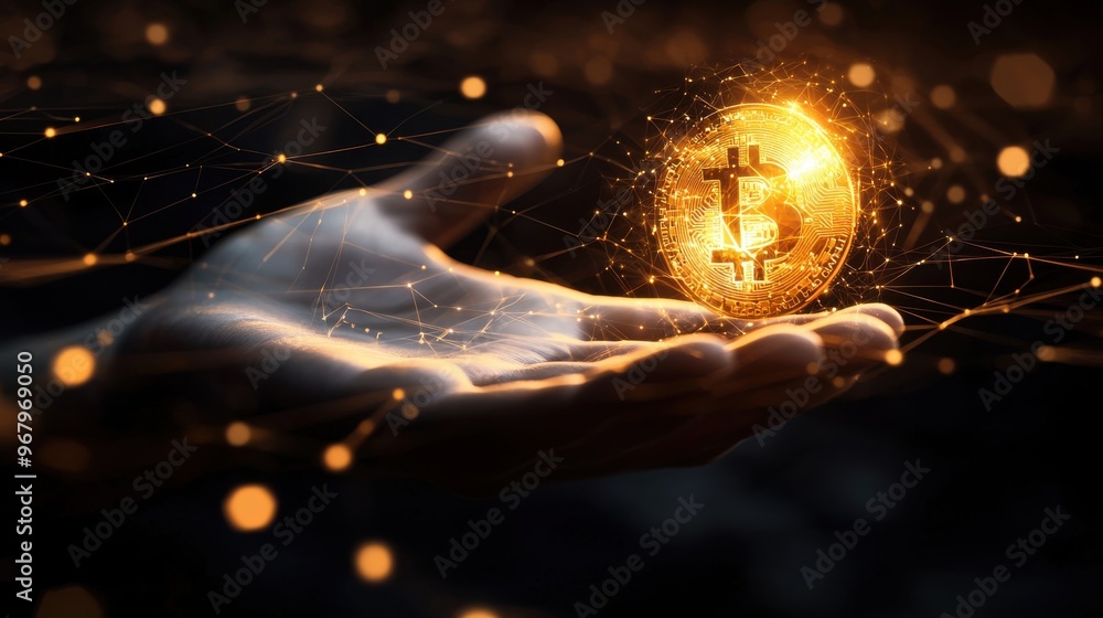 A shining golden coin floating above an outstretched hand with glowing ...