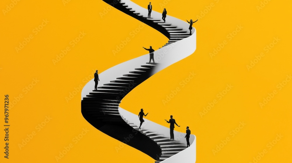 A spiral staircase winding upwards with multiple people at various ...