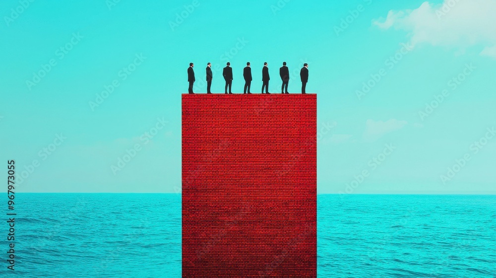 A tall brick wall separating a group of people, each standing on their ...