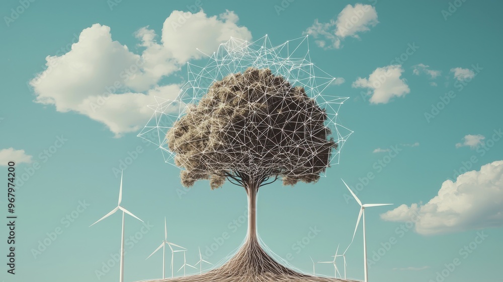 A tree made of digital lines and geometric shapes, with its branches ...