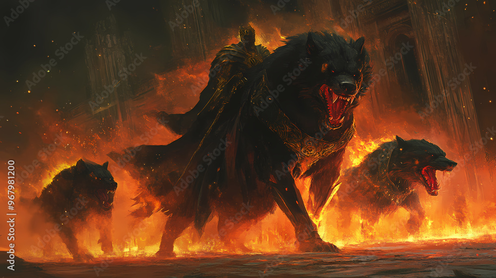 Powerful hades in the underworld with cerberus guarding, exuding ...