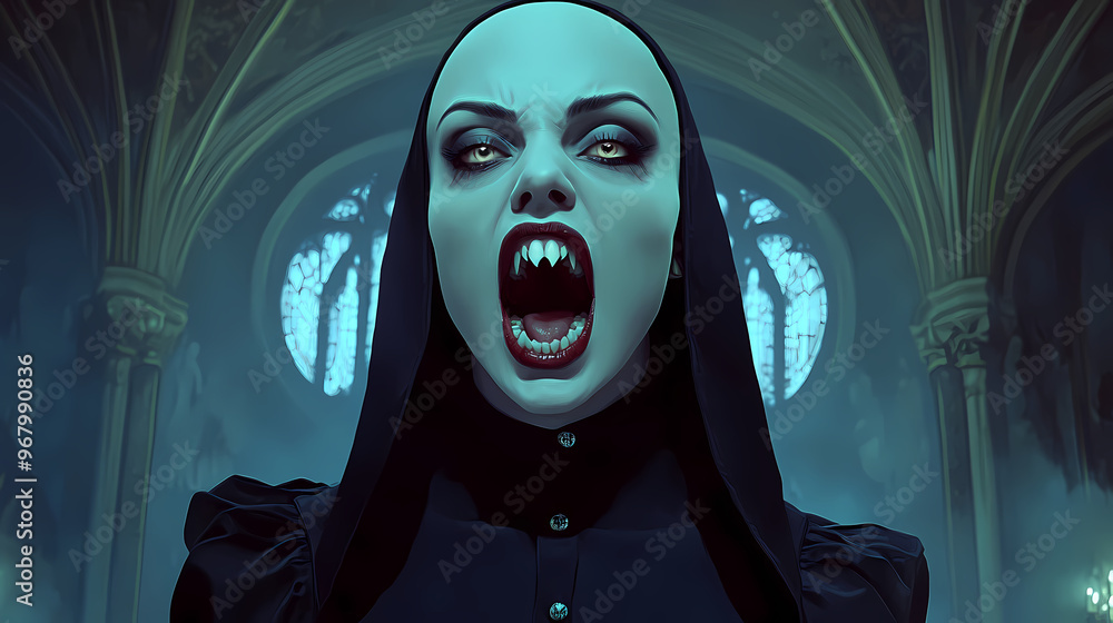 Spooky nun. creepy bald female vampire with sharp teeth and victorian ...