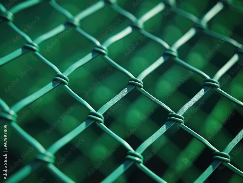 This image shows a close-up view of a green chain link fence. The ...