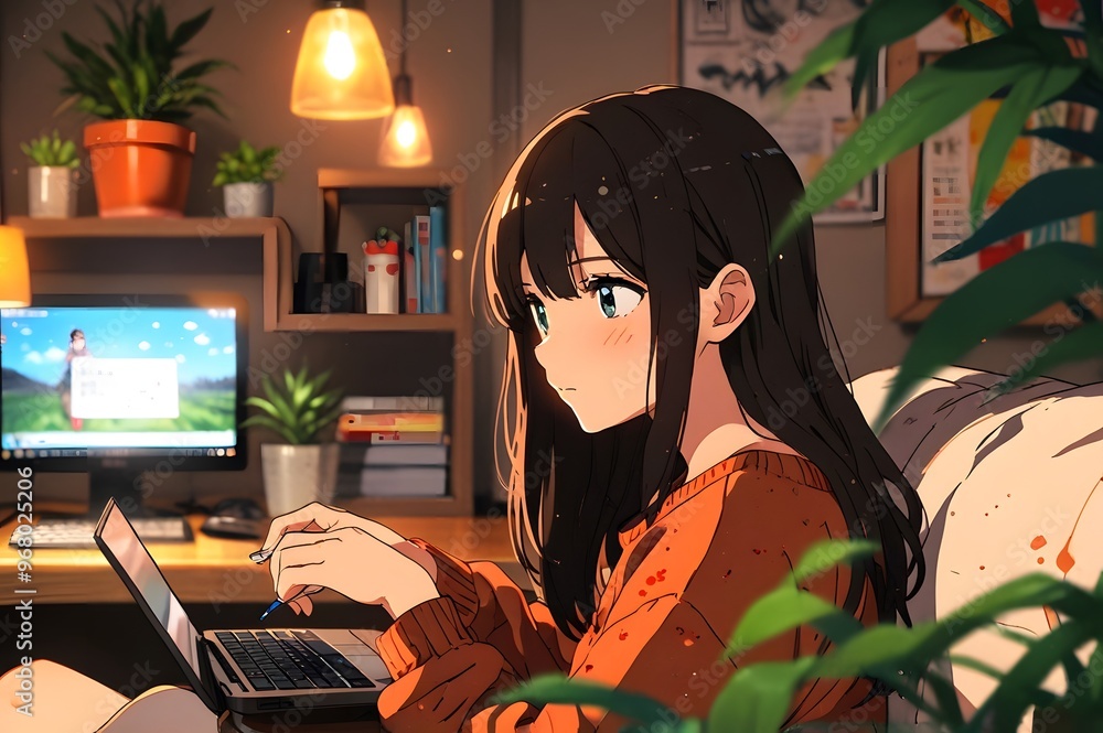 An anime girl with long dark brown hair sits comfortably on a beanbag ...