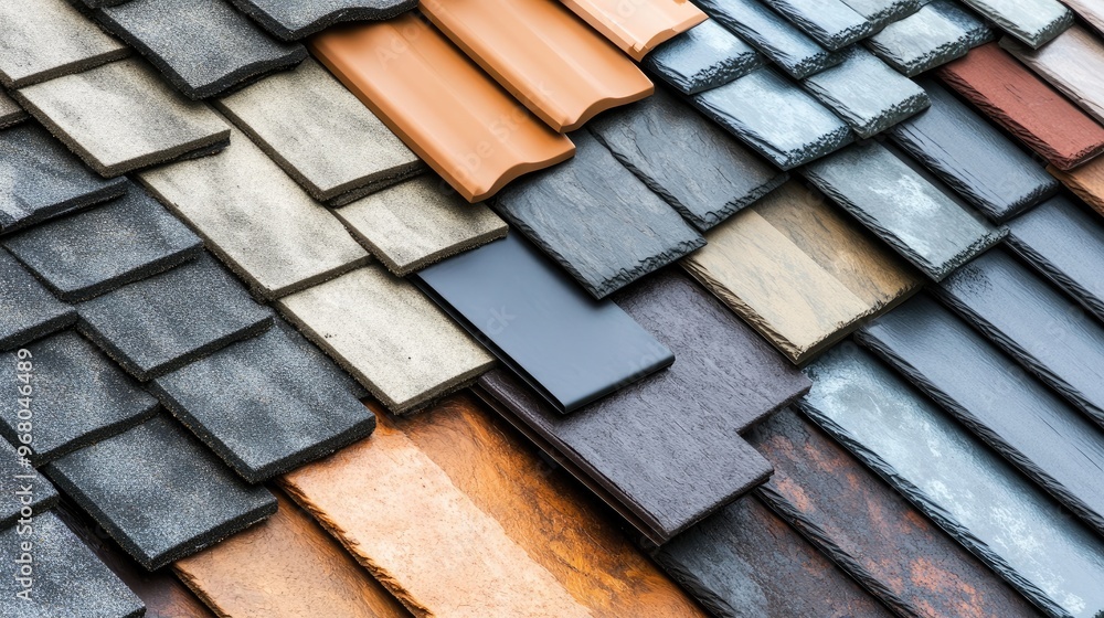 Different types of roofing materials, including shingles, tiles, and ...