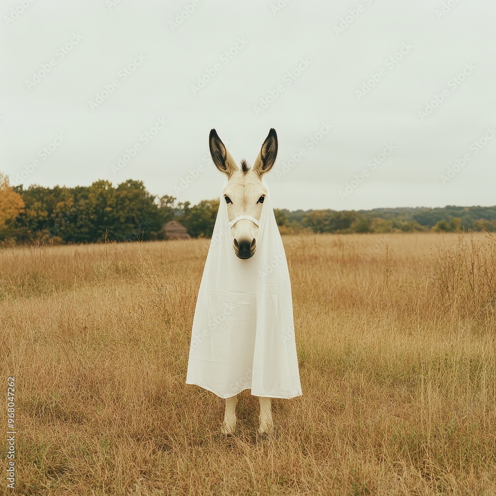 Donkey dressed as a ghost walking through a haunted farm, ghost donkey ...