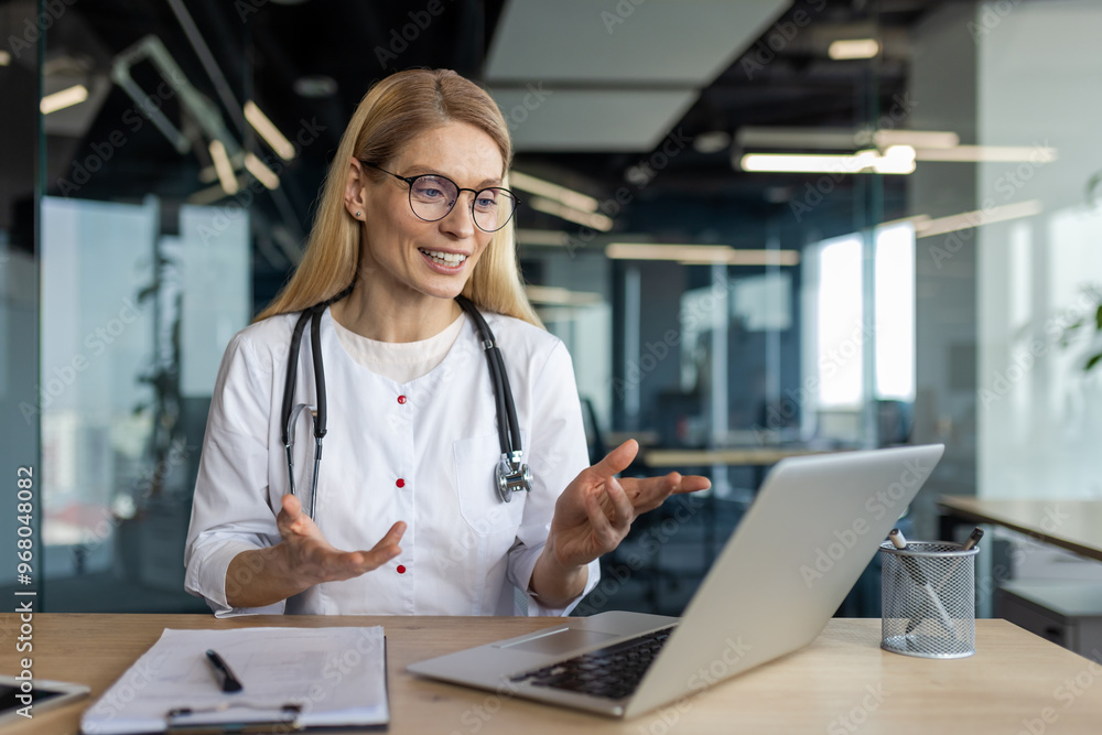Professional female doctor conducts virtual consultation using laptop ...