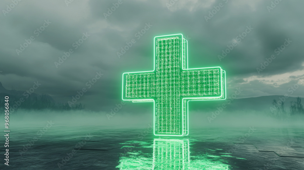 A green cross made of neon lights, a common symbol for pharmacies ...
