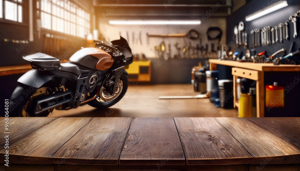 Empty counter table of motorcycle mechanic workshop, workshop scene ...