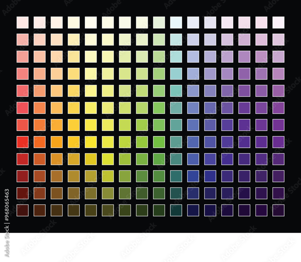 Rainbow color palette. Table color shades on black background. Color ...