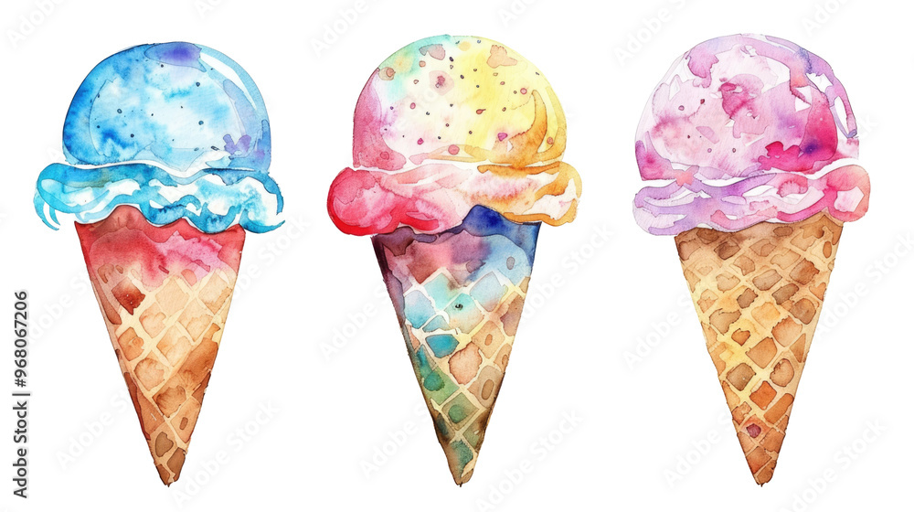 Ice cream watercolor set. Realistic summer ice cream cone, strawberry ...
