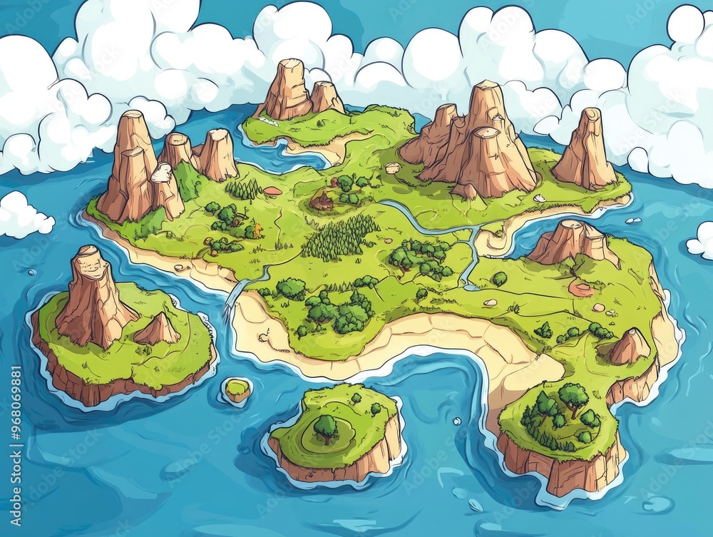 2D cartoon style physical map illustration Stock Illustration | Adobe Stock