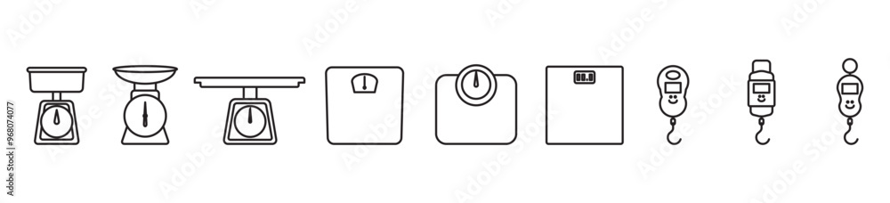Set of simple weighing icons in line style. Weight scale icon. Healthy ...