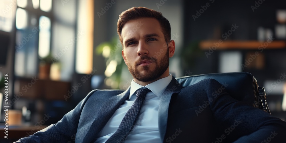 Confident young businessman in a modern office. He wears a sharp suit ...