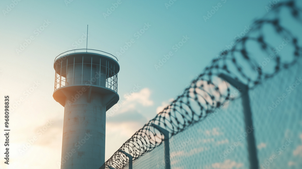 Guard Tower in Prison with Barbed Wire Fence: Watchtower Wall Building ...